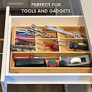 Compact Luxury Bamboo Silverware Organizer - 17" x 11.25" Bamboo Utensil Organizer for Silverware and Utensils - Compact Cutlery Organizer fits most Kitchen Drawers - Narrow Utensil Drawer Organizer