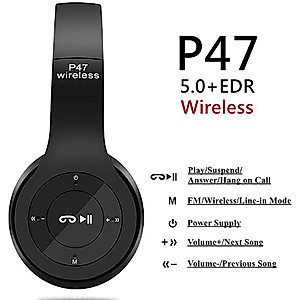 Wireless Headphones Over Ear P47 Super Bass 5.1, Volume Control, Bluetooth, Card Support SD, LED Lights, Compatible with Apple & Android, Built-in Microphone, FM Radio