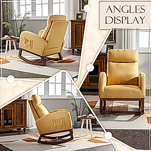 KINFFICT Comfy Rocking Chair, Upholstered Accent Glider Rocker for Baby Nursery or Relaxation, Living Room Armchair with High Back and Headrest, Modern Rocking Glider with Side Pocket, Yellow