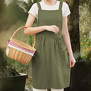 Pinknoke Cotton Linen Pinafore Apron Dress for Women with Pockets Cute Art Chef Aprons for Kitchen Baking Gardening Painting (Olive Green)