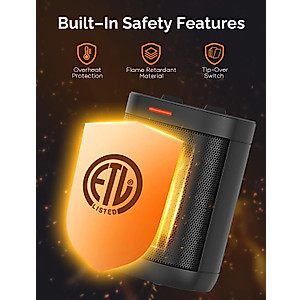 Small Space Heater for Indoor Use, PTC Electric Heater for Bedroom, 1000W Fast Heating with Thermostat, Overheating & Tip-Over Protection, Portable Small Heater