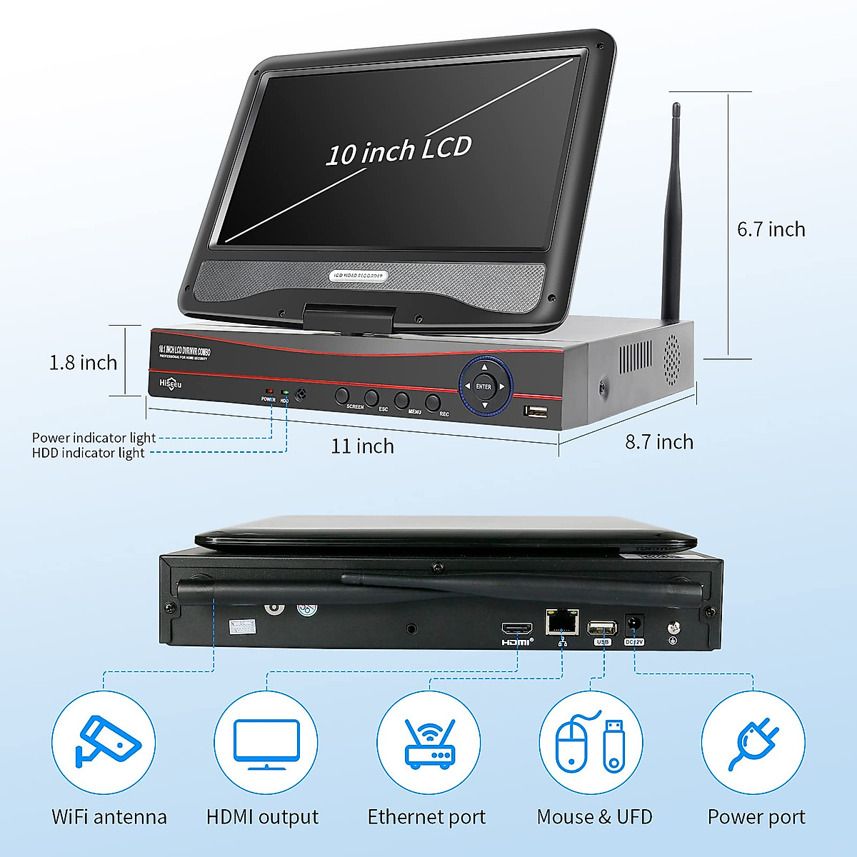 【No HDD/Power Adapter/Mouse】 10'' LCD Wireless WiFi NVR 8 Channels Network Video Recorder, Motion Detection Zones, 24/7 Record, Work with Hiseeu 1080P/3MP/5MP Eseecloud Wireless Camera
