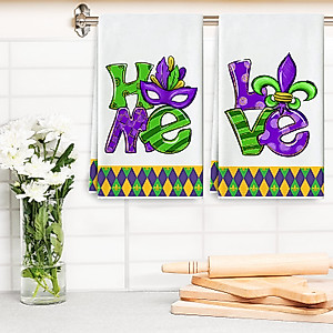 AnyDesign Mardi Gras Kitchen Dish Towel Purple Green Diamond Lattice Print Kitchen Towel 18 x 28 Inch Home Love Gnome Hand Drying Tea Towel for Carnival Cooking Baking Cleaning Wipes, 4Pcs