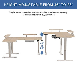 Jceet 62x47 Inches L Shaped Electric Standing Desk with Drawer, Adjustable Height Sit Stand Up Desk with Storage Shelf, Pale Pearwood Top/White Frame