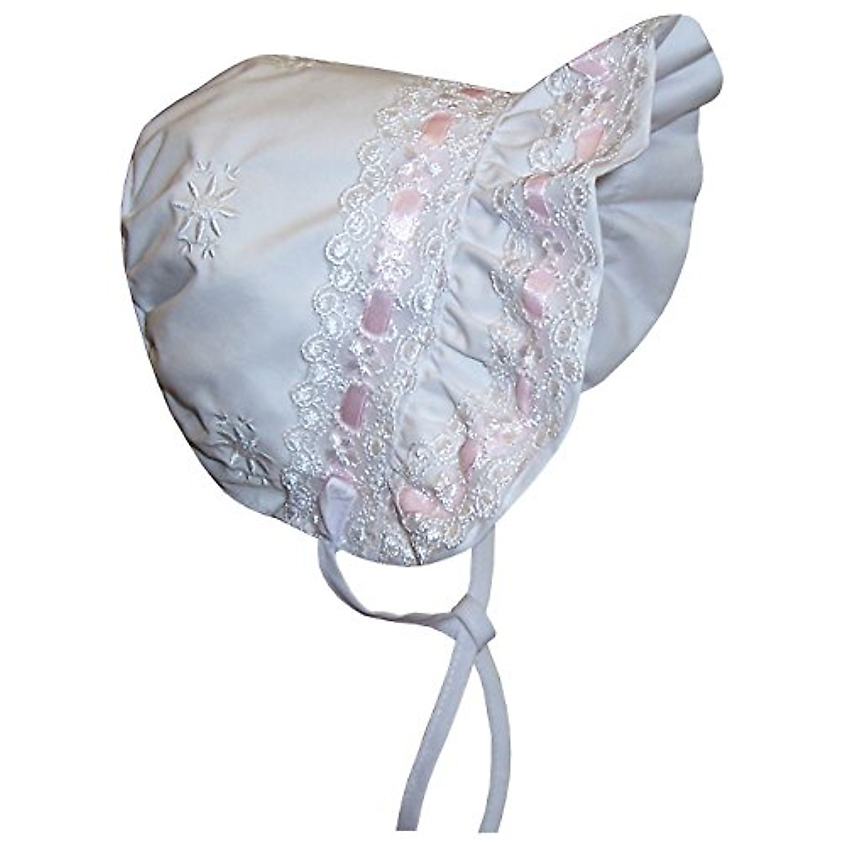 N'Ice Caps Baby Girls Bonnet White Lace Newborn Infant Toddler Sun Hat Special Occasion (White with Pink Ribbon, Newborn)