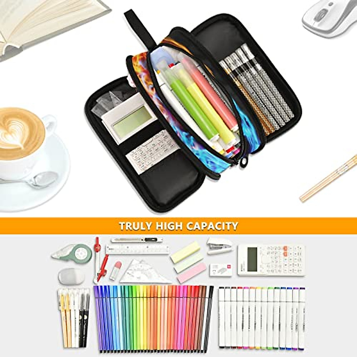 Custom Pencil Case Cool Dragon Fire 3 Compartment Pen Bag Pouch Holder Box School Portable Stationery Storage Bag for Girls Boys