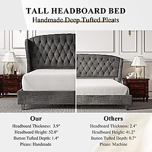 Jocisland Upholstered Bed Frame King Size Wingback Platform Bed Frame Tufted and Headboard Tall Linen Bed Frame/No Box Spring Needed/Wood Slat (Dark Grey)