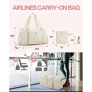 BAGSMART Foldable Travel Duffle Bag for Women, Gym Tote Bag for Sports, 26L Airport Carry On Weekender Overnight Bag for Travel, Travel Accessories(Beige)