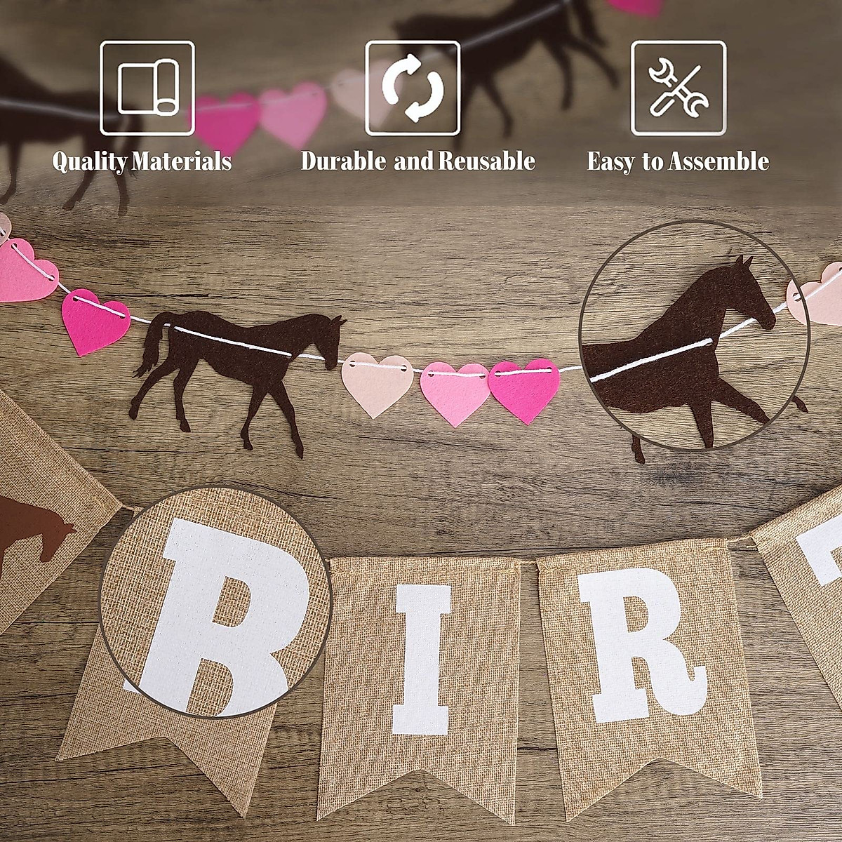 Horse Birthday Decorations – Happy Birthday Burlap Banner – Felt Horse Garland and Pennant Banner – Horse Party Supplies