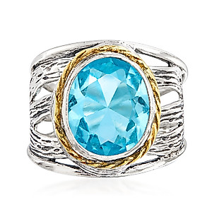 Ross-Simons 5.00 Carat Sky Blue Topaz Openwork Ring in Sterling Silver and 14kt Yellow Gold. Size 8