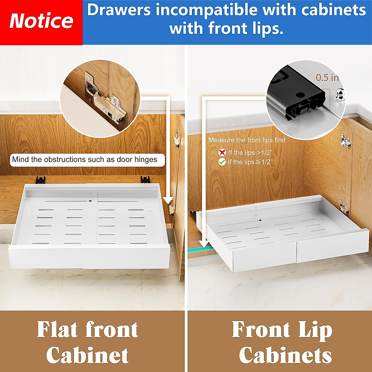 HBL' 1 Pack | 16.9" Deep Pull Out Cabinet Drawer Organizer Adhesive, (12" to 20") Width Expandable Carbon Steel Roll-Out Drawers for Face Frame or Frameless Cabinets,Slide-Out Shelves for Pantry.