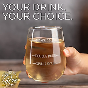 On The Rox Drinks Wine Gifts for Mom- 17Oz “Single Pour, Double Pour, Mom’s Pour” Engraved Stemless Wine Glass - Funny Birthday, Mother’s Day Gifts for Mothers - Fun Mother Glasses
