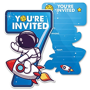 Opomzk Cute Outer Outer Space 7th Party Invitations with Envelopes, 20 Set Space Astronaut Seven Shaped Invitations Seventh Birthday Kids Party Invites Supplies Favors, Double-Sided