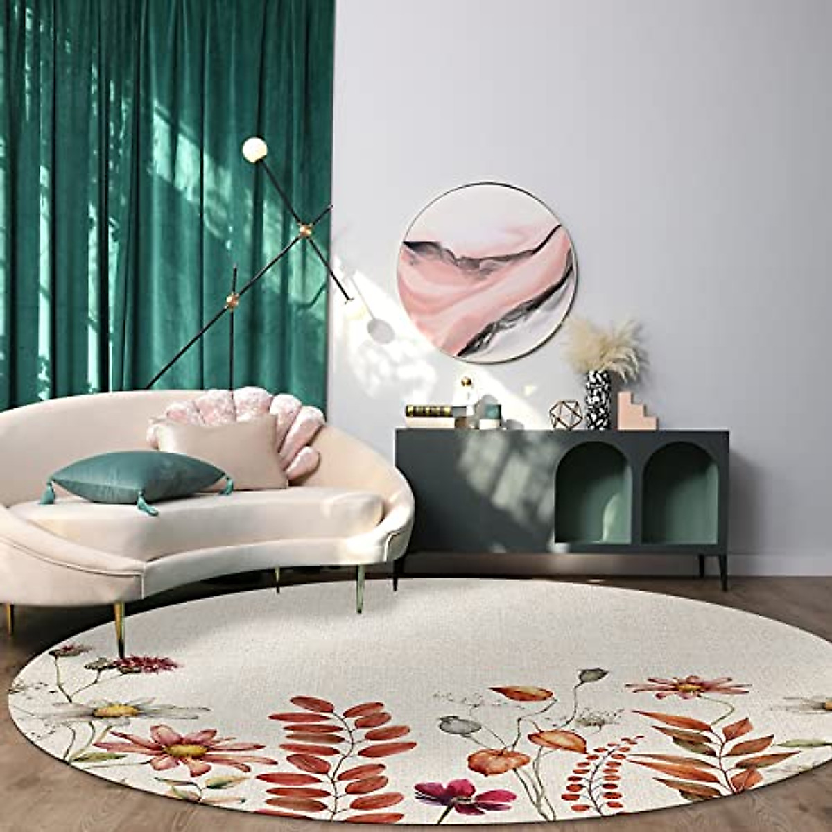 Large Round Area Rug for Living Room Bedroom, 4ft Non-Slip Rugs for Kids Room, Thanksgiving Fall Farmhouse Wild Flowers Retro Linen Washable Carpet Floor Mat for Home Nursery Room Decor