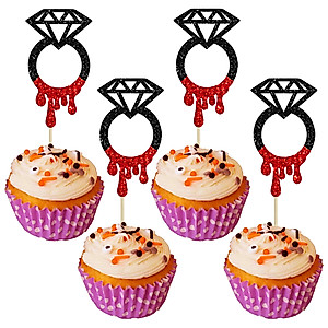 Gyufise 24Pcs Scary Halloween Cupcake Toppers Horror Blood Diamond Ring Cupcake Decorations Gothic Bachelorette Supplies for Halloween Blood Bachelorette Party Spooky Bridal Shower Wedding