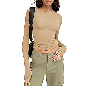 Trendy Queen Womens Long Sleeve Shirts Basic Tees Crop Tops Going Out Spring 2025 Workout Outfits Y2k Clothes Khaki L