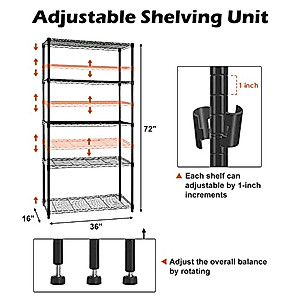 WDT 5-Shelf Shelving Storage Units on Wheels Casters, Adjustable Heavy Duty Metal Shelf Wire Storage Rack for Home Office Garage Kitchen Bathroom Metal Rack (16”Wx36”Dx75”H), Black