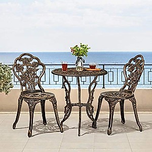 Yaheetech 3-Piece Outdoor Bistro Set w/Rose Design, Rust-Resistant Cast Aluminum Table and Chairs w/Umbrella Hole for Balcony Backyard Garden
