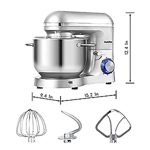 Aucma Stand Mixer,6.5-QT 660W 6-Speed Tilt-Head Food Mixer, Kitchen Electric Mixer with Dough Hook, Wire Whip & Beater (6.5QT, Silver)