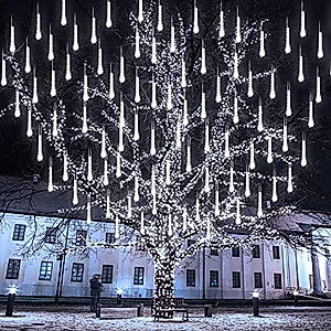 JMEXSUSS Solar String Lights Outdoor Waterproof, White Christmas Tree Lights, 8 Tube 144 LEDs Meteor Shower Rain Lights for Tree Wedding Xmas Holiday Party Patio Decoration