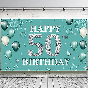 50th Birthday Decoration Backdrop Banner, Teal Silver Happy 50th Birthday Decorations for Women, Turquoise 50 Year Old Birthday Party Photo Booth Props Supplies for Outdoor Indoor, Fabric Vicycaty