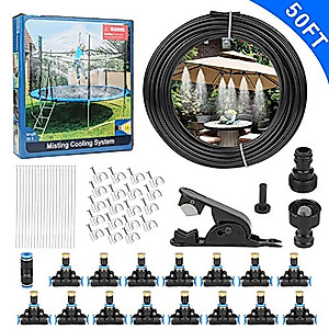 Mister System for Outside Patio - Misting Cooling System - 50 FT (15M) Misting Line + 15pcs Brass Mist Nozzles + a Faucet Connector (3/4" and 1/2") - Patio Misting System for Garden Greenhouse