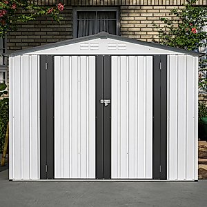 SPOWAY 8 x 6 FT Outdoor Storage Shed, Metal Storage Shed with Swinging Double Lockable Doors, Waterproof Outdoor Galvanized Steel Garden Shed for Backyard, Patio Lawn and Outside Use, White