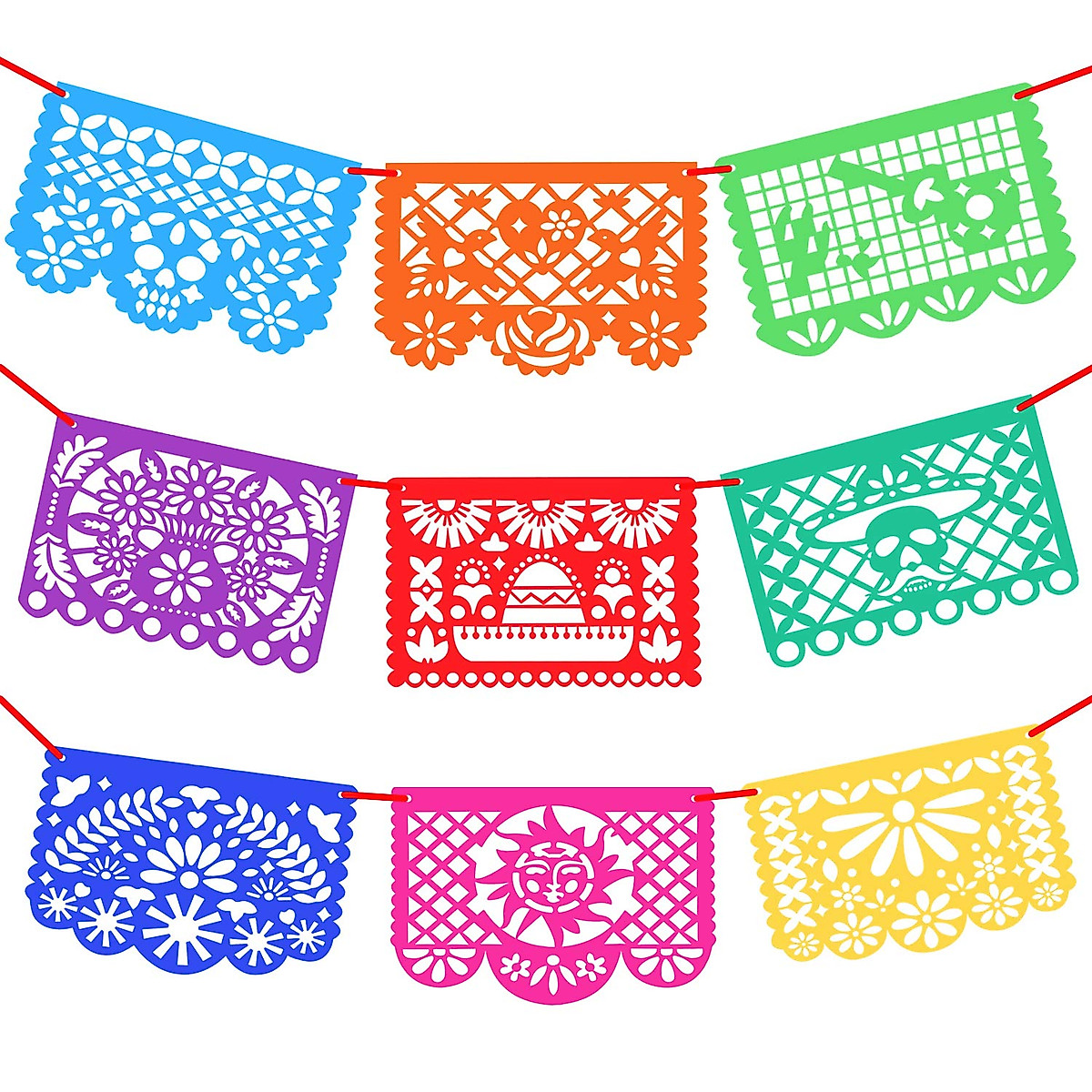 Novelty Place 15Ft 9Pcs Mexican Party Banners - Felt Papel Picado Banner - Mexican Fiesta Party Decorations for Dia De Los Muertos, Day of the Dead, Cino de Mayo, 9 Pattern Panels