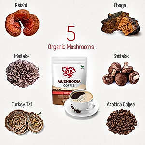 Tiger Mushroom Coffee Organic Blend 3.5 oz - 100% Arabica Coffee with 5 Superfood Mushrooms Includes Reishi, Chaga, Maitake, Shiitake, Turkey Tail