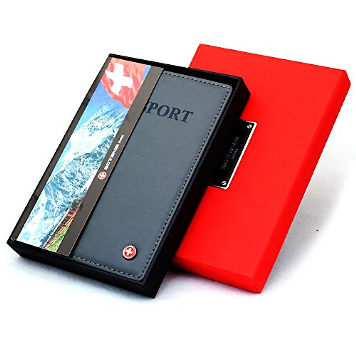 Sotania - Swiss Leather Passport and Credit Card Holder Case RFID Blocking Cover Travel Document Organizer Wallet Gift for Men, Women (Grey)