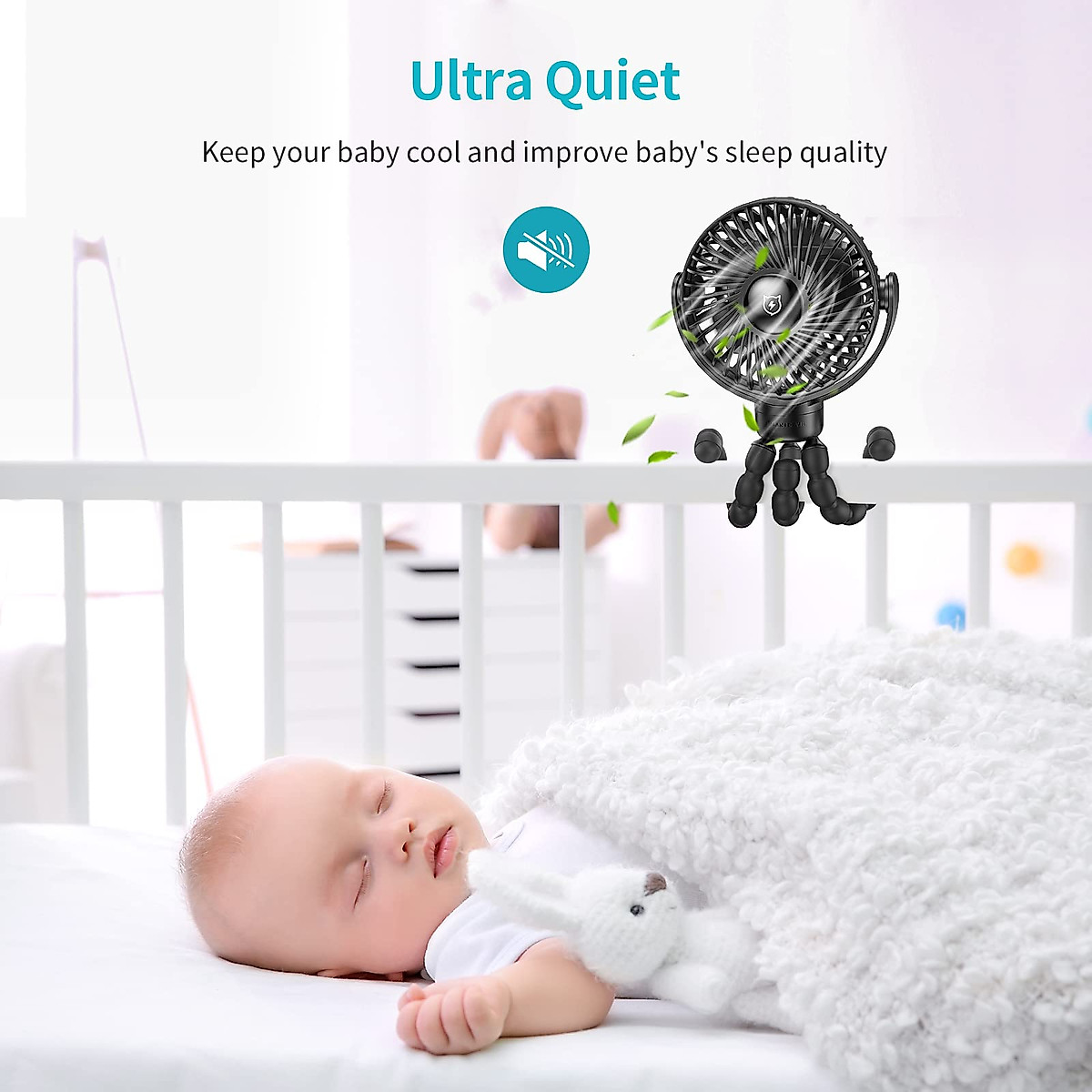 SMARTDEVIL Portable Stroller Fan, 4000mAh Small Battery Operated Baby Fan, 4 Speeds Car Seat Fan with Flexible Tripod, Dual 360° Rotatable, for Peloton Bike, Crib, Treadmill, Travel (Black)