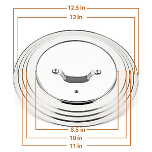 HOMVIDA Stainless Steel Universal Lid for Pans Pots Fits 8.25-12 Inch Cast Iron Skillets Frying Pans Woks - Design with Heat Resistant Handle and Vent Hole - Gray Handle