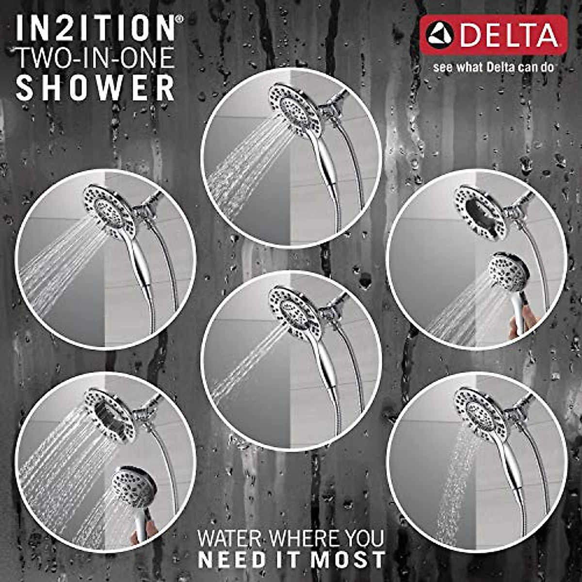 Delta Faucet 4-Spray In2ition Dual Shower Head with Handheld Spray, Chrome Shower Head with Hose, Showerheads & Handheld Showers, Handheld Shower Heads, Detachable Shower Head, Chrome 58499