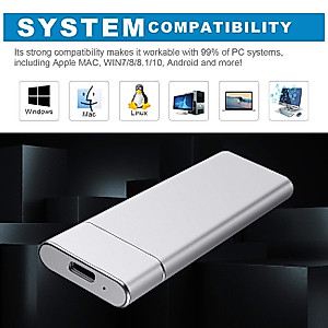 KIMLOUUY Portable Ultra-Thin 512GB 1TB Mobile Solid State Drive, External Solid State Drive USB3.1 Type C, Portable Expansion Hard Drive, Compatible with Desktop, Laptop, Mac, PS4 (1TB, Silver)
