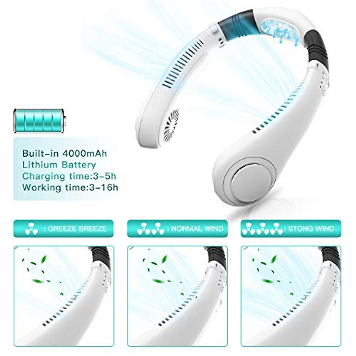 Kapkon Personal Air Conditioners Neck Fan,Hands Free Bladeless Fan,Semiconductor Cooling Portable Neck Fan,4000 mAn Battery Operated Wearable Personal Neck Fan,USB Rechargeable