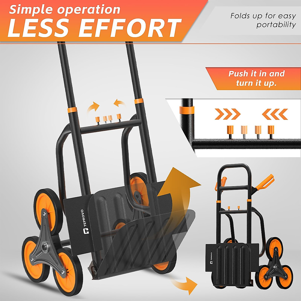 Stair Climbing Hand Truck 440lb，Heavy Duty Dolly Cart for Stairs，Thickened Upgraded Steel Tube Folding Stair Climbing Trolley with Six Wheels and Telescoping Handle