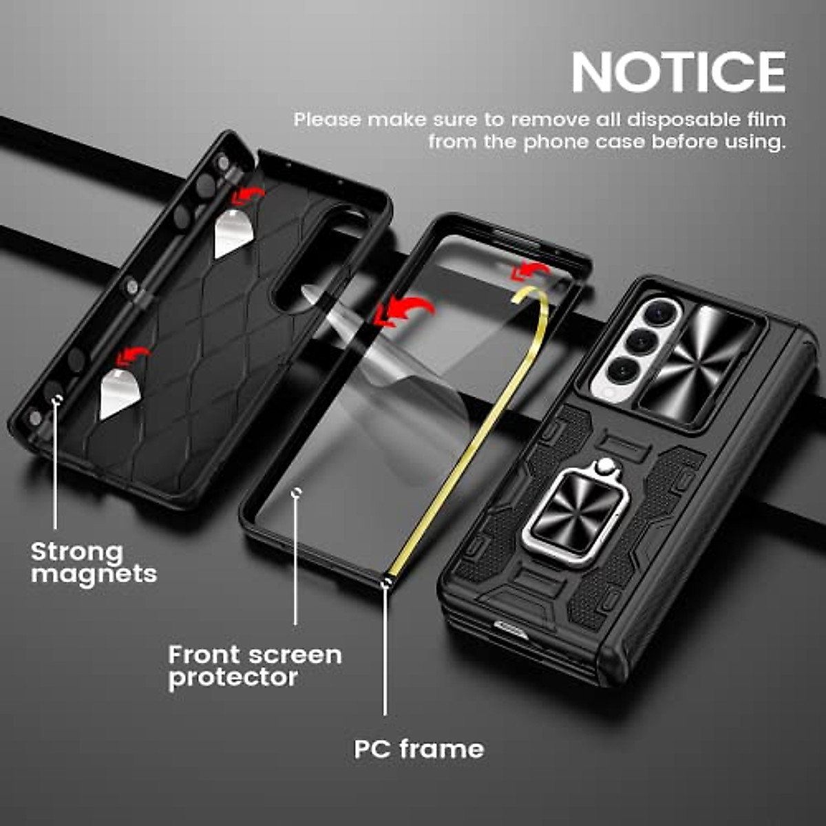 VEGO for Galaxy Z Fold 4 Case with Belt Clip Holster, 360°Ring Magnetic Kickstand & Camera Cover & Front Screen Protector, Hinge Protection Shockproof Armor Case for Samsung Z Fold 4 - Midnight Black