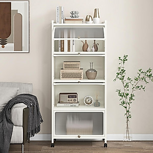 Giantex 5-Tier Kitchen Storage Cabinet, Mobile Microwave Stand with Flip-up PC Doors, Freestanding Kitchen Bakers Rack with 4 Rolling Casters, for Dining Room, Living Room and Study (White)