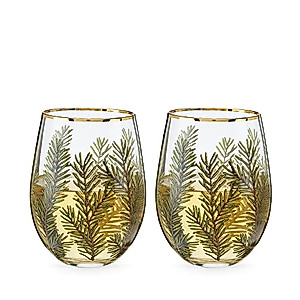 Twine Woodland Stemless Wine Glasses, Festive Gold Rim Tumblers, Decorative Barware, 16 Oz Set of 2