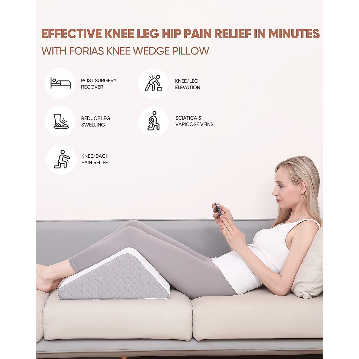 Forias Knee Wedge Pillow 8" Pure Memory Foam Bed Wedge Pillow for Sleeping After Surgery Triangle Pillow for Knee Support Leg Elevation Sciatica Knee Hip Back Pain Relief