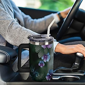 40 Oz Tumbler with Handle Blue Purple Flowers And Green Leaves Stainless Steel Coffee Mug Reusable Travel Mug Leak-proof Insulated Car Cup Large Capacity Tumbler for Travel, Outdoor, Home Use (Black)