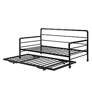 Twin Size Sofa Bed with Adjustable Trundle, Metal Frame Daybed for Living Room and Bedroom, Pop Up Trundle, No Box Spring Needed, Black