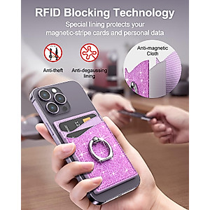 Anfauny MagSafe Phone Wallet - Leather Magnetic Cell Phone Wallet Card Holder with 360°Rotation Ring Phone Stand & RFID Blocking Compatible with iPhone 15/14/13/12 Series & MagSafe Cases - Purple