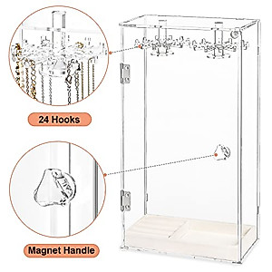 Necklace Holder, Acrylic Jewelry Organizer with 24 Hooks, Rotation Clear Necklaces Pendant Display Case Stand, Dust-proof Velvet jewelry Tray Hanging Rack Storage for Earrings Rings Necklaces