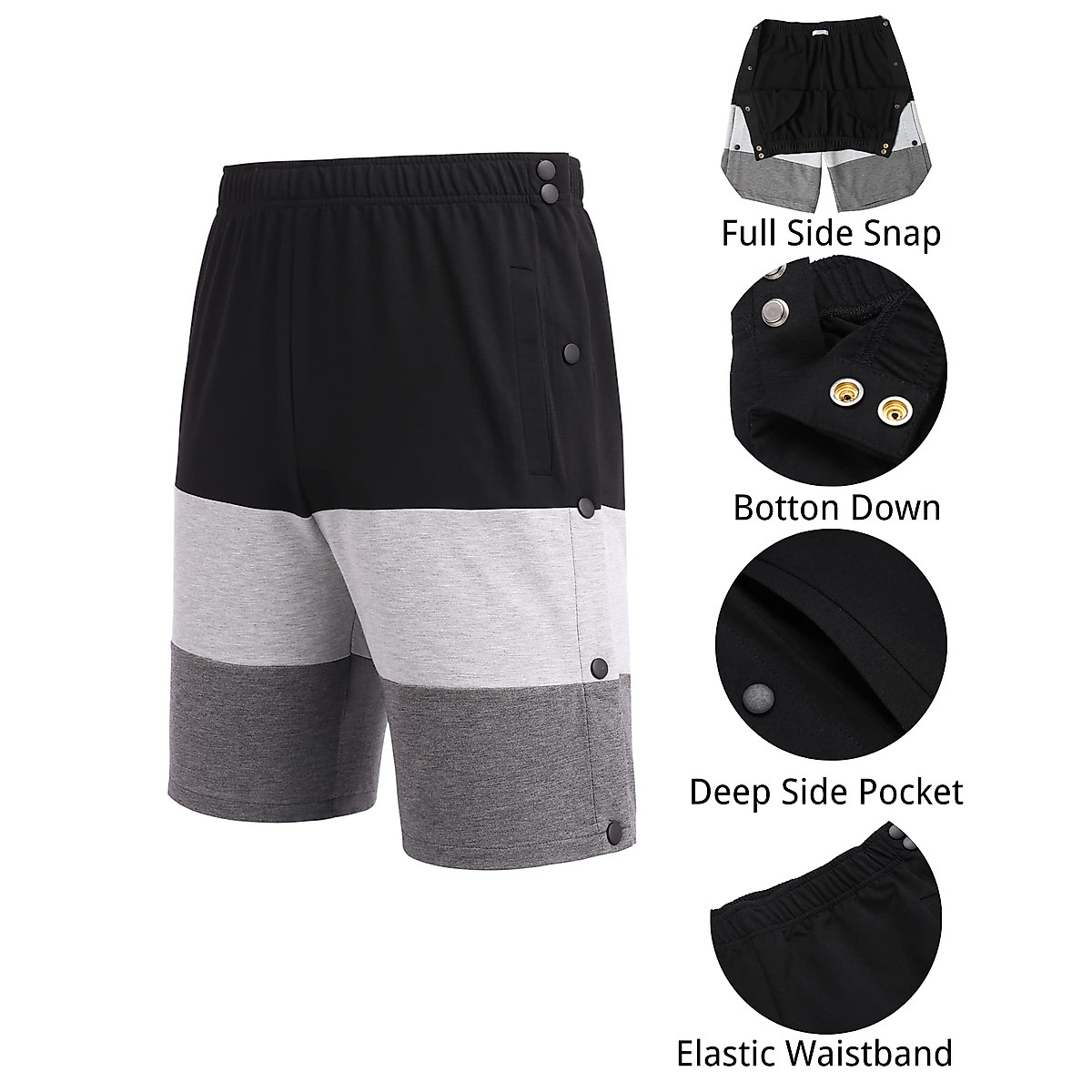 Deyeek Tear Away Shorts for Men Side Snap Cotton Color Block Shorts Post Surgery Recovery Break Away Pants with Pockets