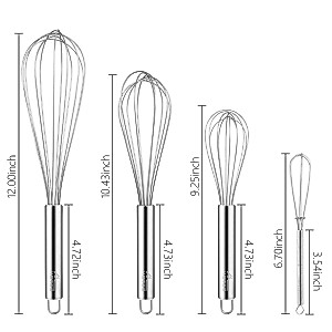 HOTEC 4 Pieces Stainless Steel Whisks Set Wire Whisk Balloon Whisk Egg Beater Kitchen Utensils for Stirring, Beating, Blending