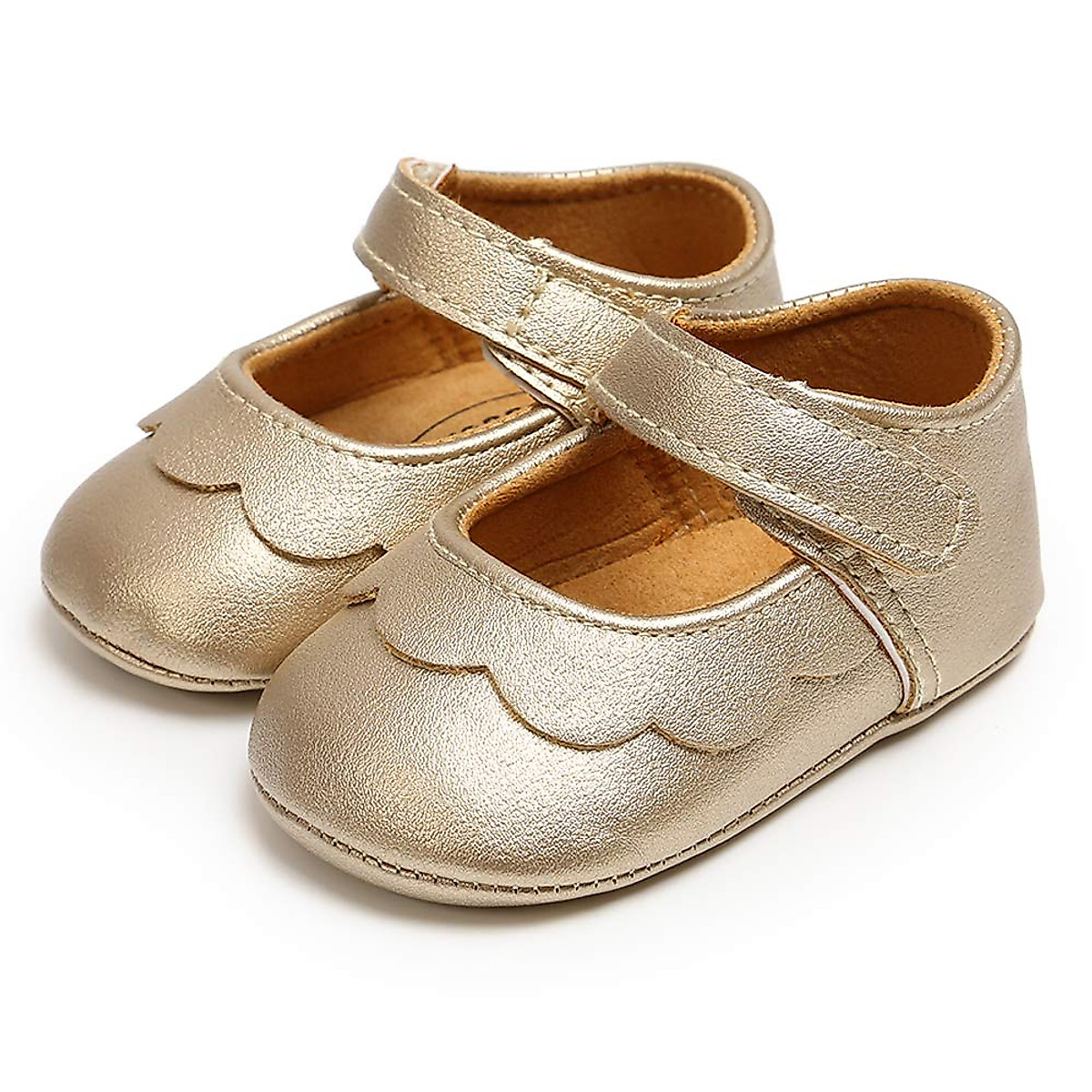 SOFMUO Baby Girls Mary Jane Flats Non-Slip Soft Rubber Sole Infant Sneakers Toddler Princess Dress Walking Shoes(Gold,12-18 Months)
