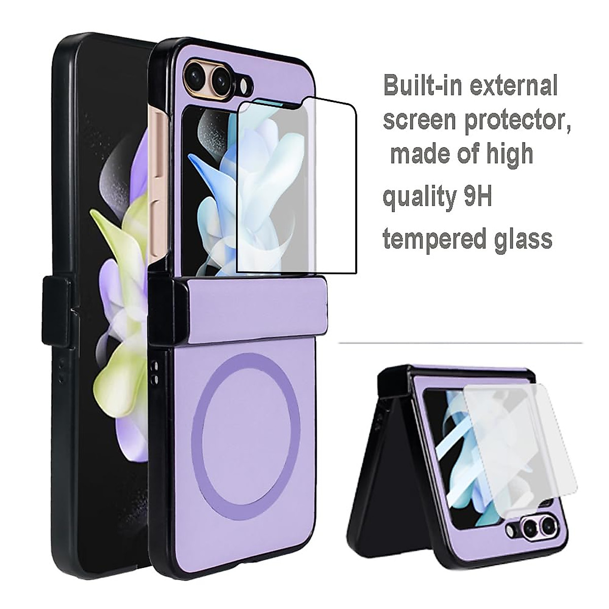 MSOTES for Galaxy Z Flip 5 Case with Hinge Protection, Built-in Screen Protector, Compatible with MagSafe, Luxury Leather Case Full Protection Slim Lightweight for Samsung Galaxy Z Flip5 5G (Purple)