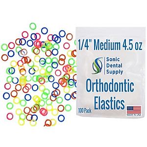 1/4 Inch Orthodontic Elastic Rubber Bands - 100 Bands - Neon Color Latex Free, Medium 4.5 Ounce (oz) Small Rubberbands, Braces, Dreadlocks Hair Braids, Packaging, Crafts - Sonic Dental Supply - USA