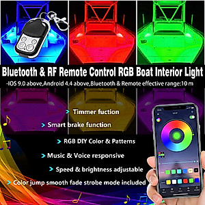 NBWDY 8pcs Led Strip Lights Boat Lights with APP 4-Key RF Remote Control,Waterproof 12V Boat Interior RGB Strip Lights,Boat Deck Lighting,Multi-Color Marine Lights for Boat Sailboat Kayak